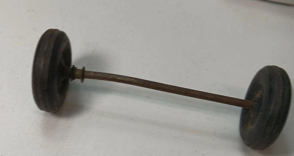 3-1/2" toy car axle with wheels and hubs Original condition. Axle bent ...