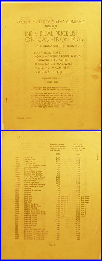 Arcade Toy 1941 Price List 4 pages – Classic Tin Toy Co.